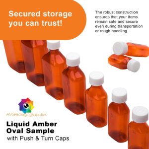 AVG Packaging Supplies Liquid Amber Oval Sample Bottles with Push & Turn Caps – Child Resistant Pharmacy Prescription Medicine Containers, 1oz Vials (25ct)