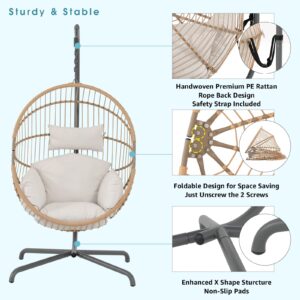 Patiorama Indoor Outdoor Egg Swing Chair with Stand, Oversized Cocoon-Shaped Rope Woven Hanging Chair, Cushion,Safety Strap,Patio Wicker Foldable Hammock Chair for Porch,Garden,Bedroom (Creamy White)