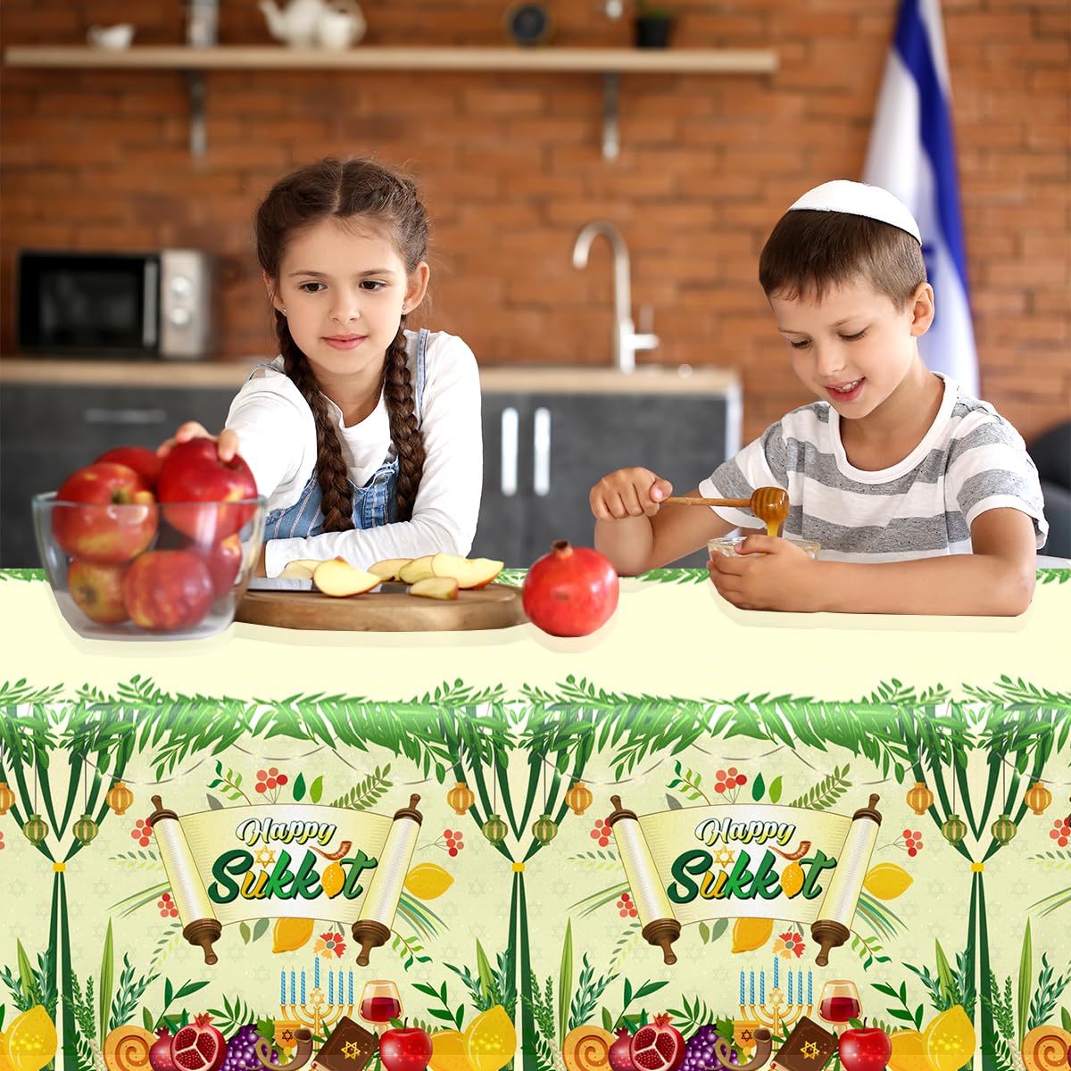 Sukkah Sukkot Tablecloth - Disposable Happy Sukkot Decorations Plastic Tablecloth, Jewish Holiday Party Decorations 3pcs Etrog Lulav Decor Table Cover, Jewish Table Supplies, 108 x 180 cm