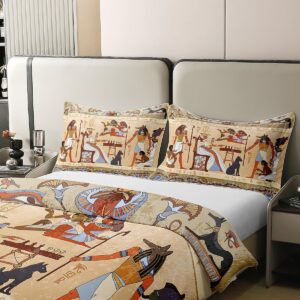 Ancient Egypt Cotton Duvet Cover Set Queen Retro Egyptian Pattern Comforter Cover Set for Women Men Adults Egypt Culture Bedding Set Tribal Eagle Dog Design Bedspread Cover Bedroom Decor Quilt Cover