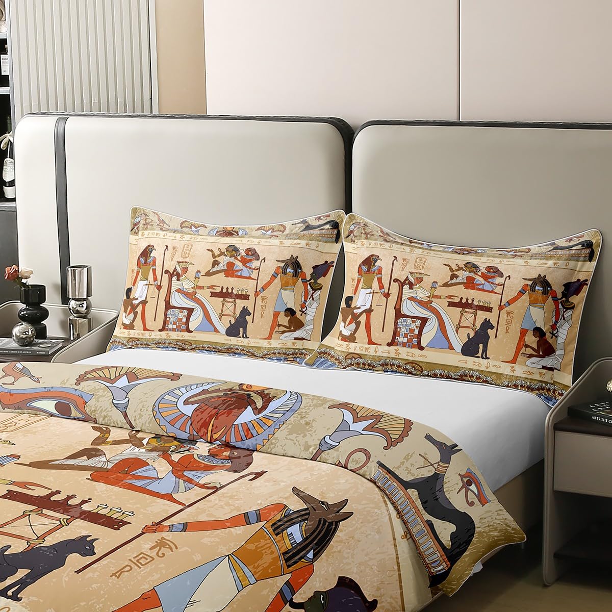 Ancient Egypt Cotton Duvet Cover Set Queen Retro Egyptian Pattern Comforter Cover Set for Women Men Adults Egypt Culture Bedding Set Tribal Eagle Dog Design Bedspread Cover Bedroom Decor Quilt Cover