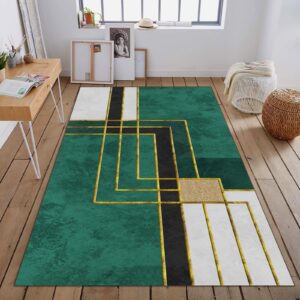 Luxury Emerald Green Gold Home Area Rug, Retro Black Gold Geometric Print Indoor Carpet, Non-Shedding Soft and Plush Floor Decor Area Rug for Bedroom Living Room Hallways Entryway Office 2x3ft