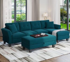 belffin velvet couch convertible l shaped sofa with reversible large ottoman storage chaise sectional sofa living room furniture peacock blue