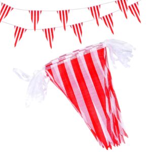 red and white striped carnival pennant banners, 177 feet 130pcs string flags triangle bunting for cirucs birthday party decoration festival celebration