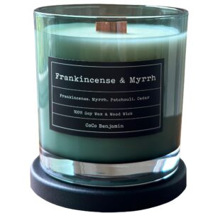 (frankincense & myrrh) wooden wick, 100% soy, highly scented, hand poured soy candle, 8 oz