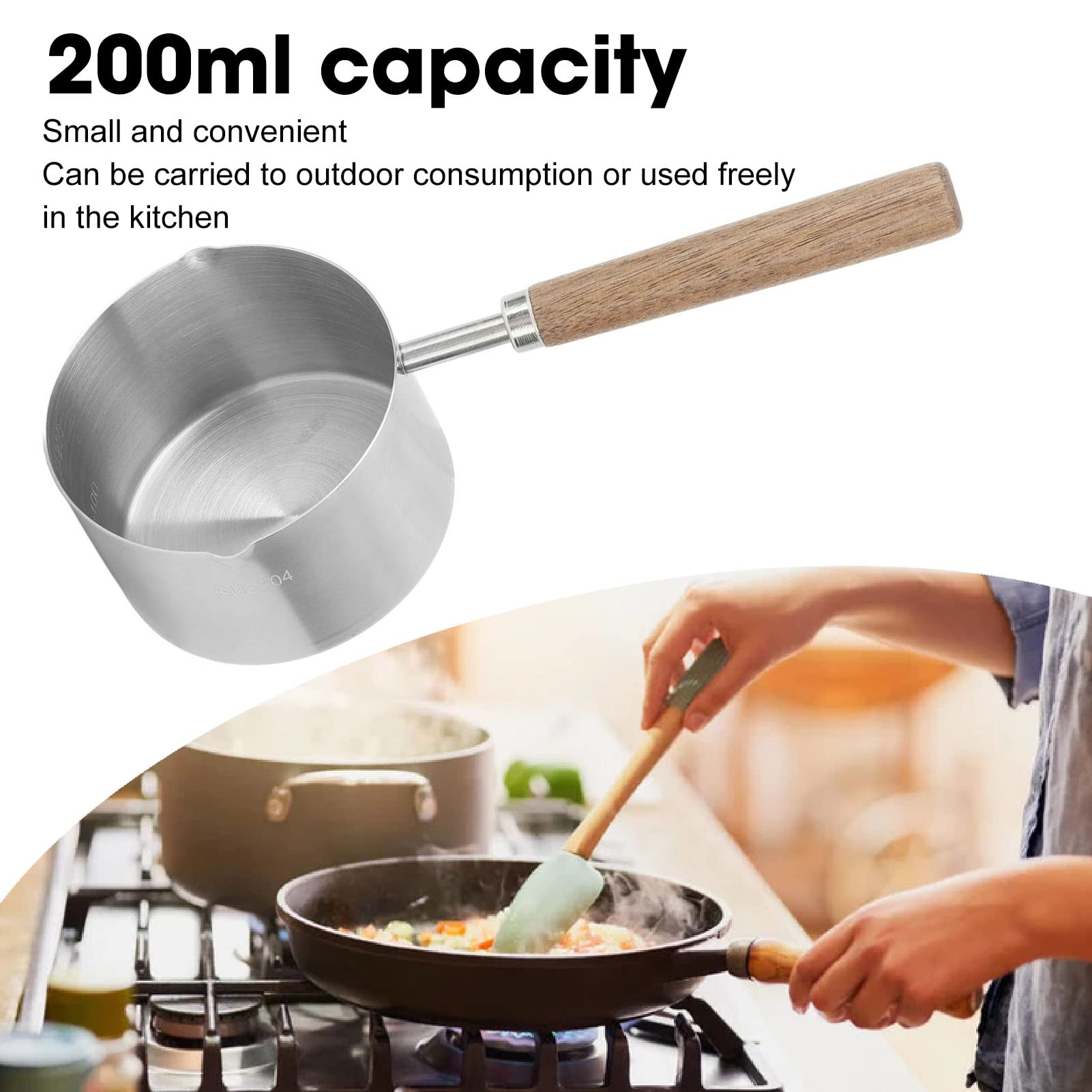 Stainless Steel Butter Warmer, Mini Saucepans with Wooden Handle Heat Resistant Prevent Scalding Flat Bottom Stovetop Milk Chocolate Melting Boiling Pot with Dual Pour Spout 200ml