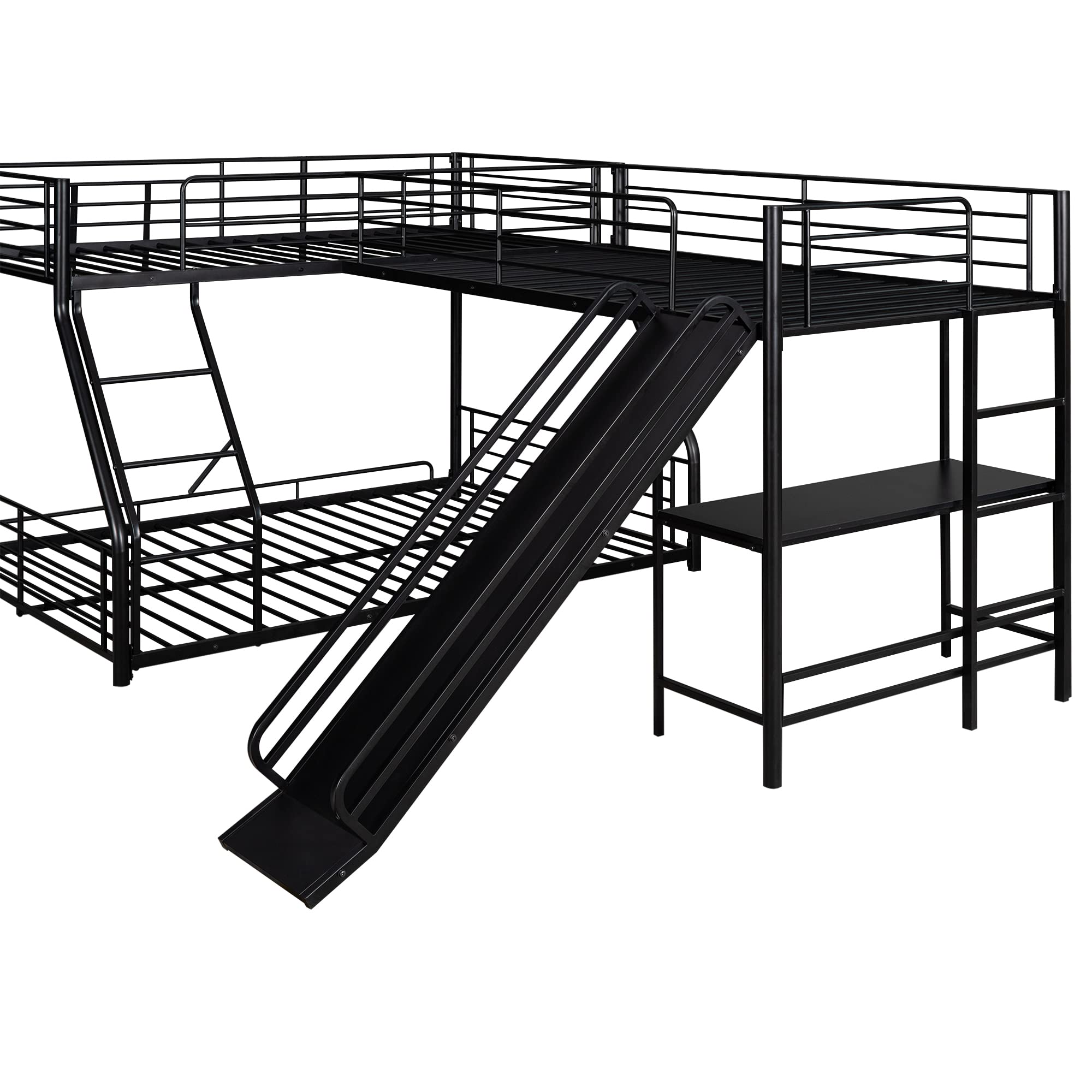 Triple Bunk Beds with Slide, L-Shape Twin Over Ful Bunk Bed Attached a Loft Bed with Desk, Metal Corner Bunk Bed Frame for Three Kids Boys Girls Teens, Black