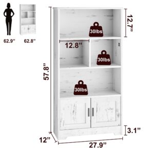 IDEALHOUSE White Bookshelf with LED Lights Farmhouse Bookcase with Doors Modern Storage Rack 3 Shelf Standing Bookshelves Wooden Display Shelf Unique Book Shelf for Bedroom, Living Room, Home Office