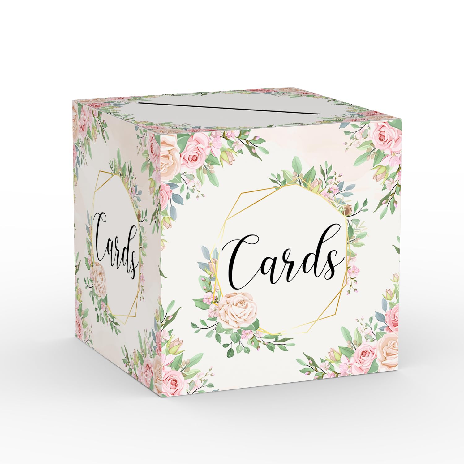 WUAWN Greenery Pink Floral Card Box, 8"x8"x8" Envelop Gift Money Box Holder, Wedding Party Birthday Bridal Shower Baby Shower Graduation Decorations-box08