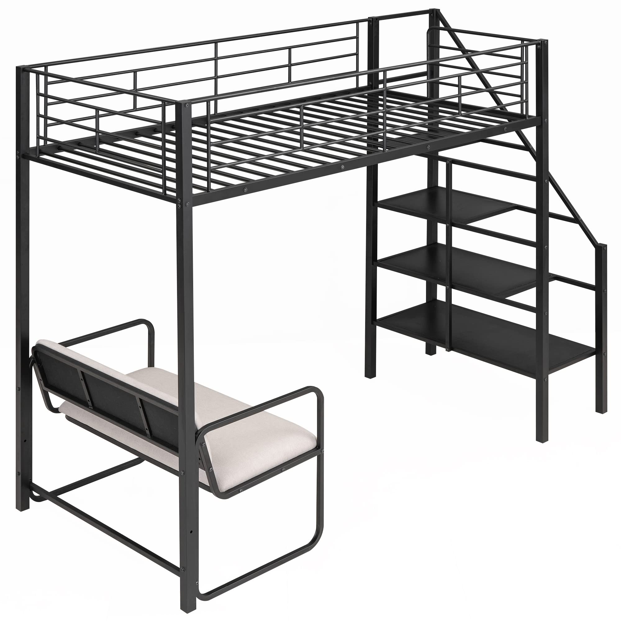 Twin Size Loft Bed with Storage Staircase and Bench, Metal Twin Loft Bed Frame for Kids Teens, Twin High Loft Bed, Metal Loft Bed with Full Length Guardrail and Slat (Twin, Black)