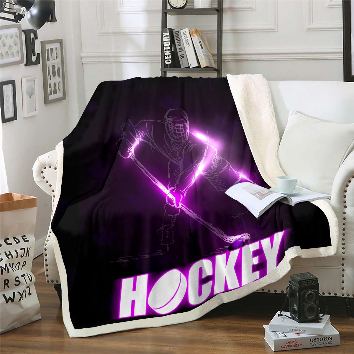 Ice Hockey Throw Blanket for Girls,Pucks Sports Ball Games Blanket,Extreme Sport Fleece Blanket 50"x60",Abstract Hockey Player Sherpa Blanket Glowing Glitter Lighting Room Decor Lavender Purple Black