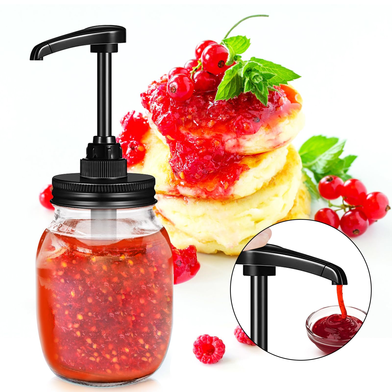 Wide Mouth Mason Jar Honey Pump Dispenser Lid & 4pcs Sticker,Food Grade Plastic pumps and 3.38 Inch Stainsteel Steel Lids Rust Proof Leak-Proof for Jam Ketchup Sauce NO JAR QurHapzy