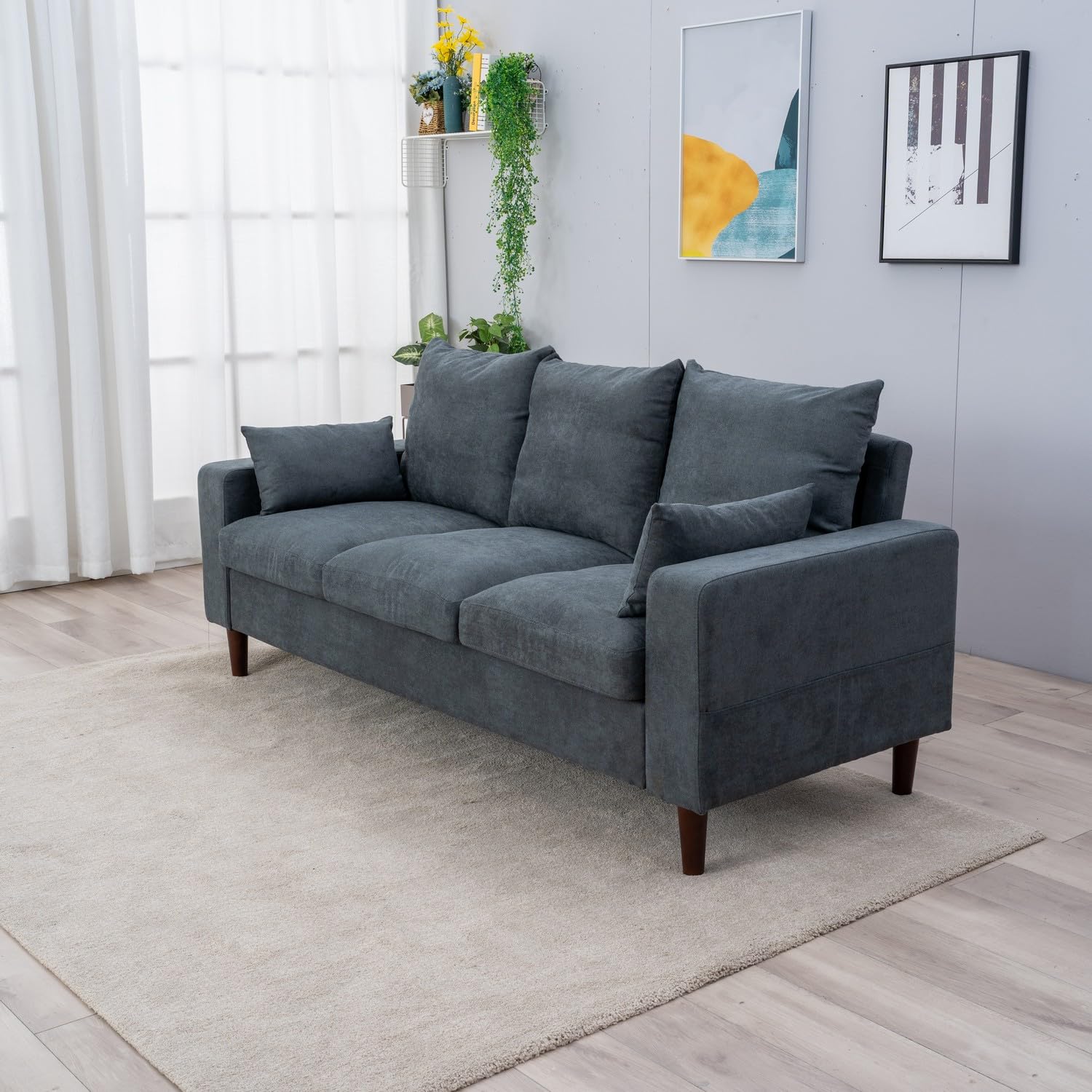 Panana 3 Seat Designer Sofa Couch Linen Fabric Wood Legs, Grey