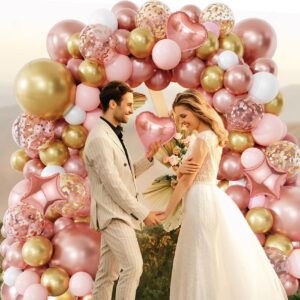 154Pcs Rose Gold Balloons Arch Garland Kit, Bachelorette Pink and Gold Confetti Balloons with Star Heart for Women Girls Birthday Wedding Bridal Baby Shower Party Decorations