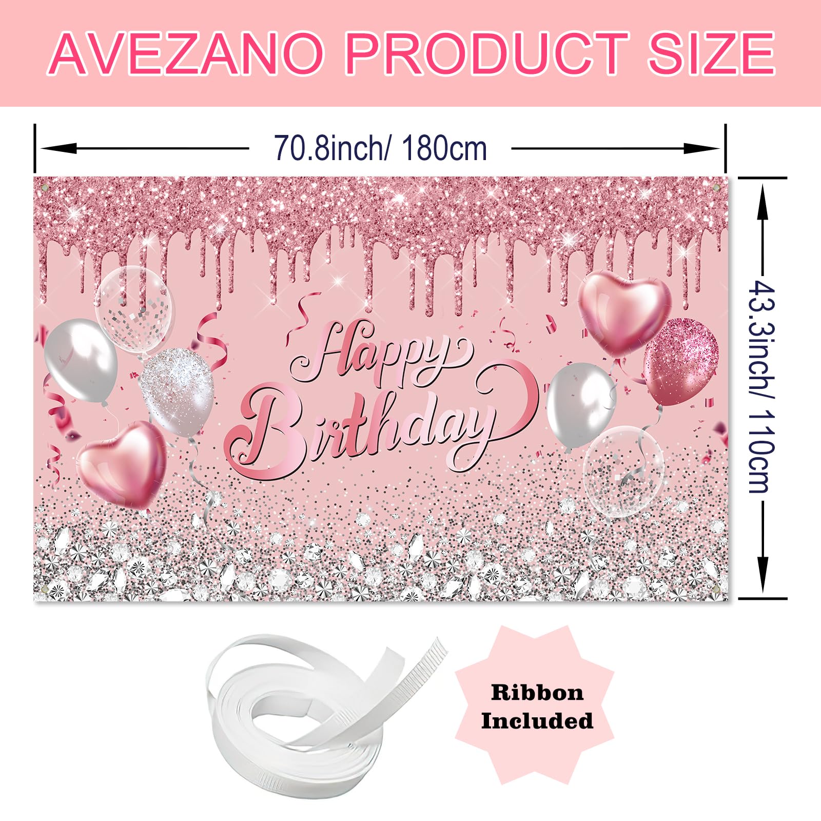 Avezano Rose Gold Birthday Backdrop Rose Pink and Sliver Glitter Balloons Banner Rose Gold Birthday Decorations for 16th 18th 21st 30th Women Girls Birthday Photoshoot Background 70.8 x 43.3 Inch