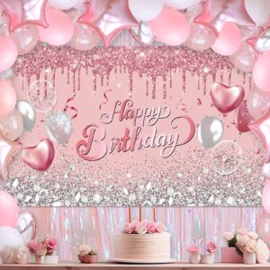 Avezano Rose Gold Birthday Backdrop Rose Pink and Sliver Glitter Balloons Banner Rose Gold Birthday Decorations for 16th 18th 21st 30th Women Girls Birthday Photoshoot Background 70.8 x 43.3 Inch