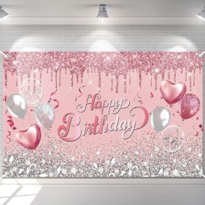 avezano rose gold birthday backdrop rose pink and sliver glitter balloons banner rose gold birthday decorations for 16th 18th 21st 30th women girls birthday photoshoot background 70.8 x 43.3 inch