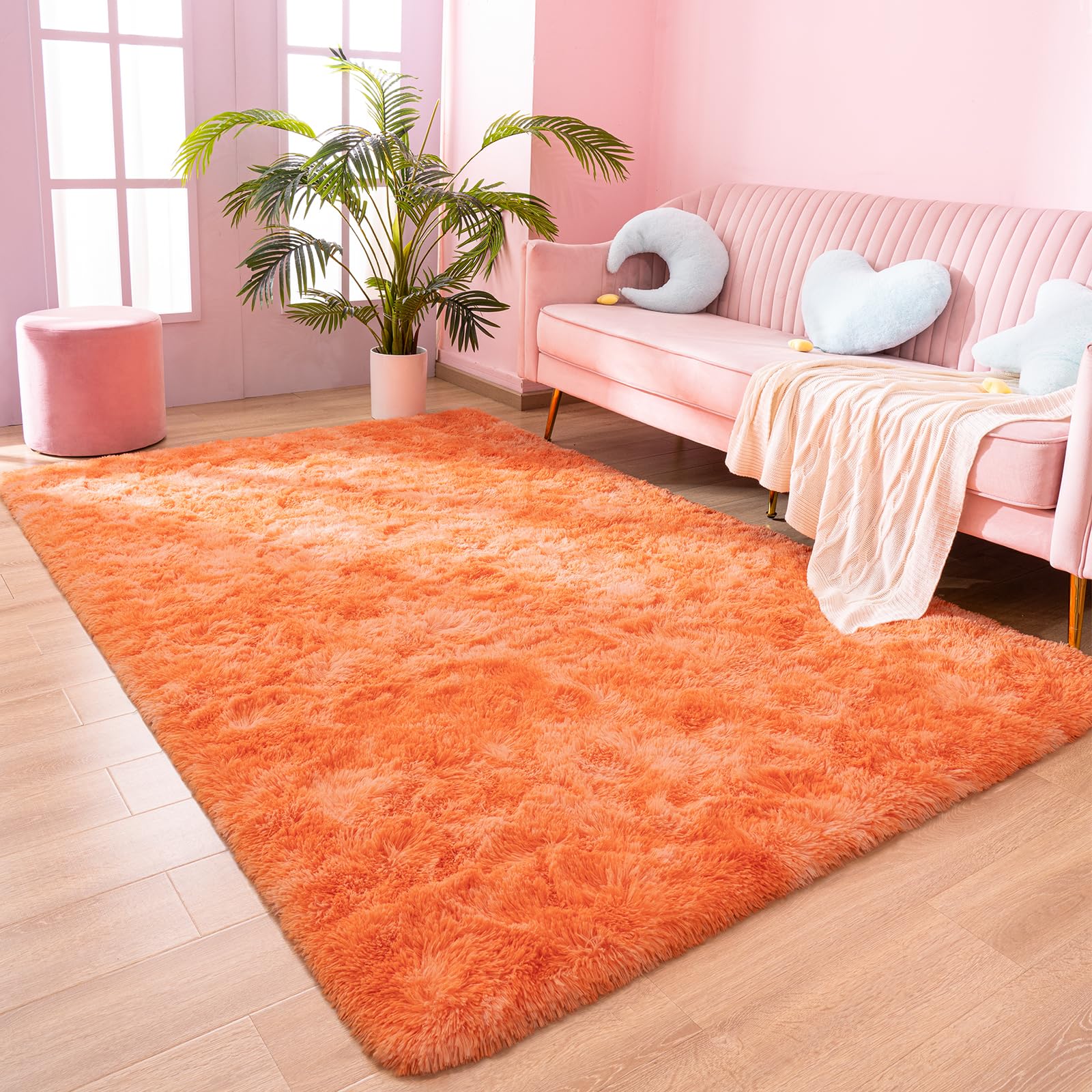 Rtizon Fluffy Rugs for Girls Bedroom, 4x6 Feet Soft Shaggy Orange Area Rug for Kids Playroom Living Room Dorm, Kawaii Tie-Dye Princess Rug for Baby Toddler Nursery, Orange