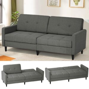 lesofair 77" linen fabric sofa bed with adjustable backrests, convertible loveseat sofa, modern sleeper couch with wooden legs for living room, bedroom, dark grey