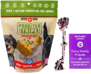 boss dog probites freeze dried raw dog treats infused with probiotics - beef (3 ounces) - plus rope toy and fun animal facts booklet bundle