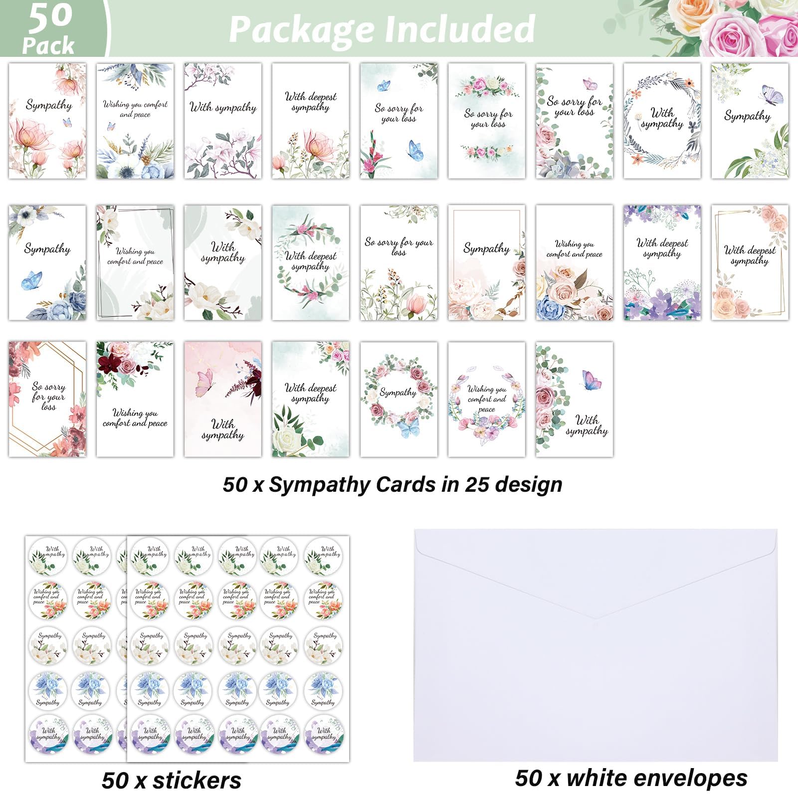 ZOIIWA 150 Pieces Bulk Sympathy Card with Envelopes Flower Sympathy Thank You Cards With Greetings Inside Floral Funeral Thank You Cards Bereavement Cards Condolences Cards