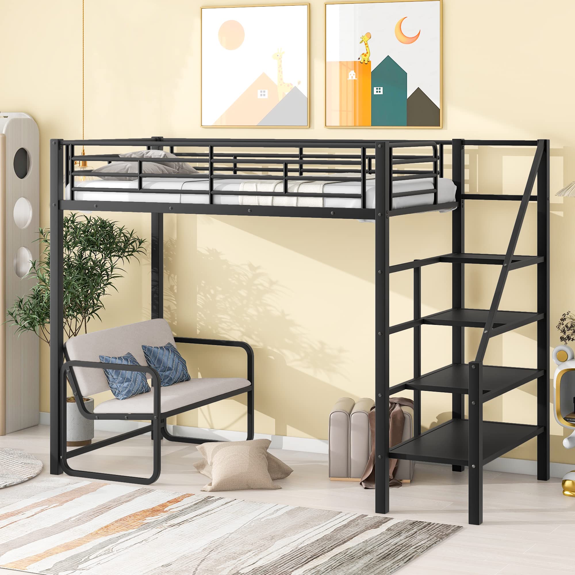 Twin Size Loft Bed with Storage Staircase and Bench, Metal Twin Loft Bed Frame for Kids Teens, Twin High Loft Bed, Metal Loft Bed with Full Length Guardrail and Slat (Twin, Black)