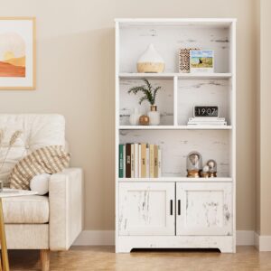 IDEALHOUSE White Bookshelf with LED Lights Farmhouse Bookcase with Doors Modern Storage Rack 3 Shelf Standing Bookshelves Wooden Display Shelf Unique Book Shelf for Bedroom, Living Room, Home Office