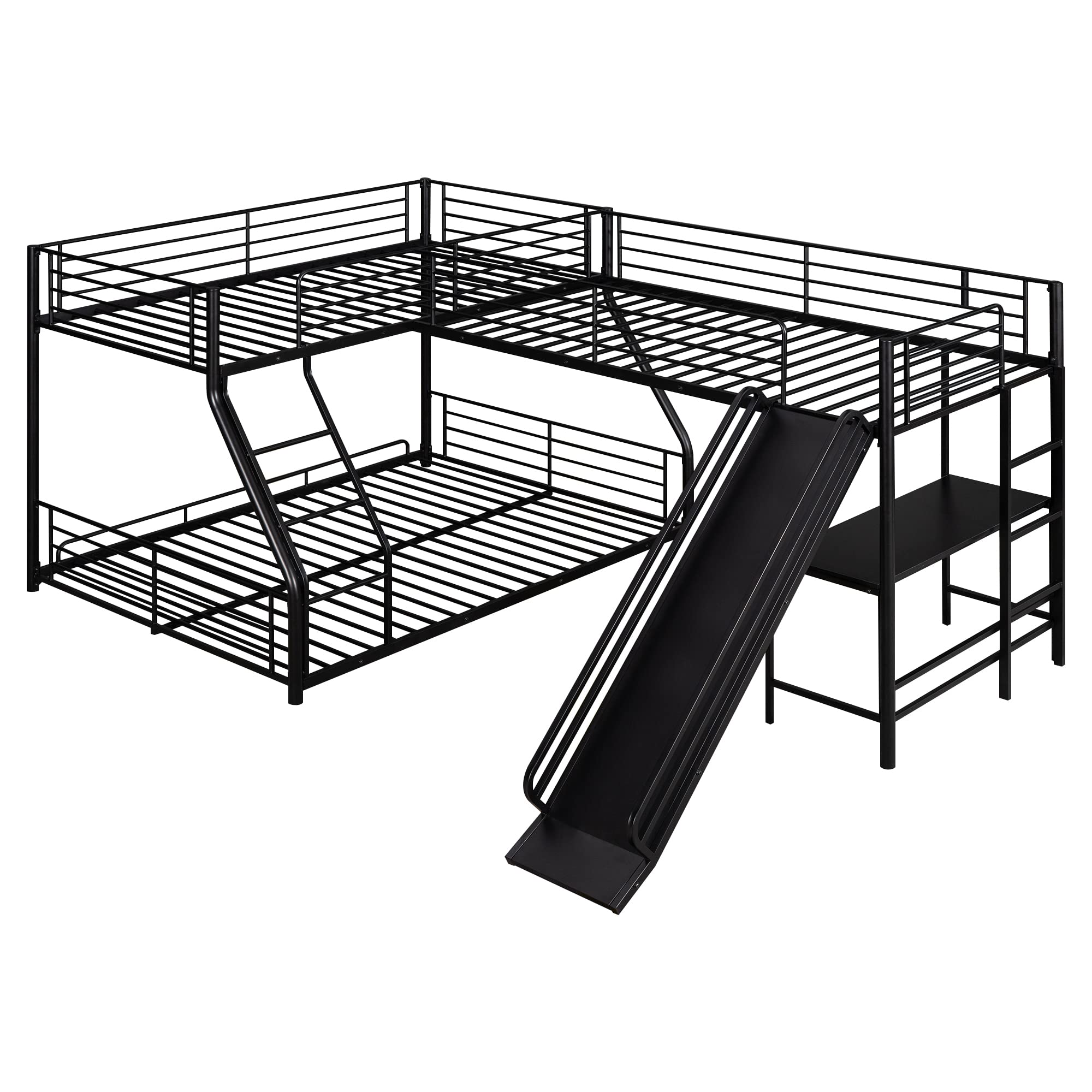 Triple Bunk Beds with Slide, L-Shape Twin Over Ful Bunk Bed Attached a Loft Bed with Desk, Metal Corner Bunk Bed Frame for Three Kids Boys Girls Teens, Black