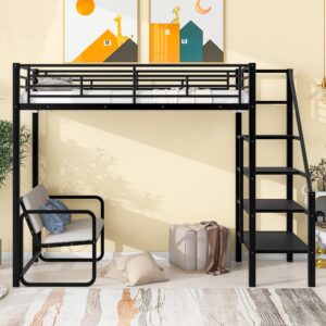 Twin Size Loft Bed with Storage Staircase and Bench, Metal Twin Loft Bed Frame for Kids Teens, Twin High Loft Bed, Metal Loft Bed with Full Length Guardrail and Slat (Twin, Black)