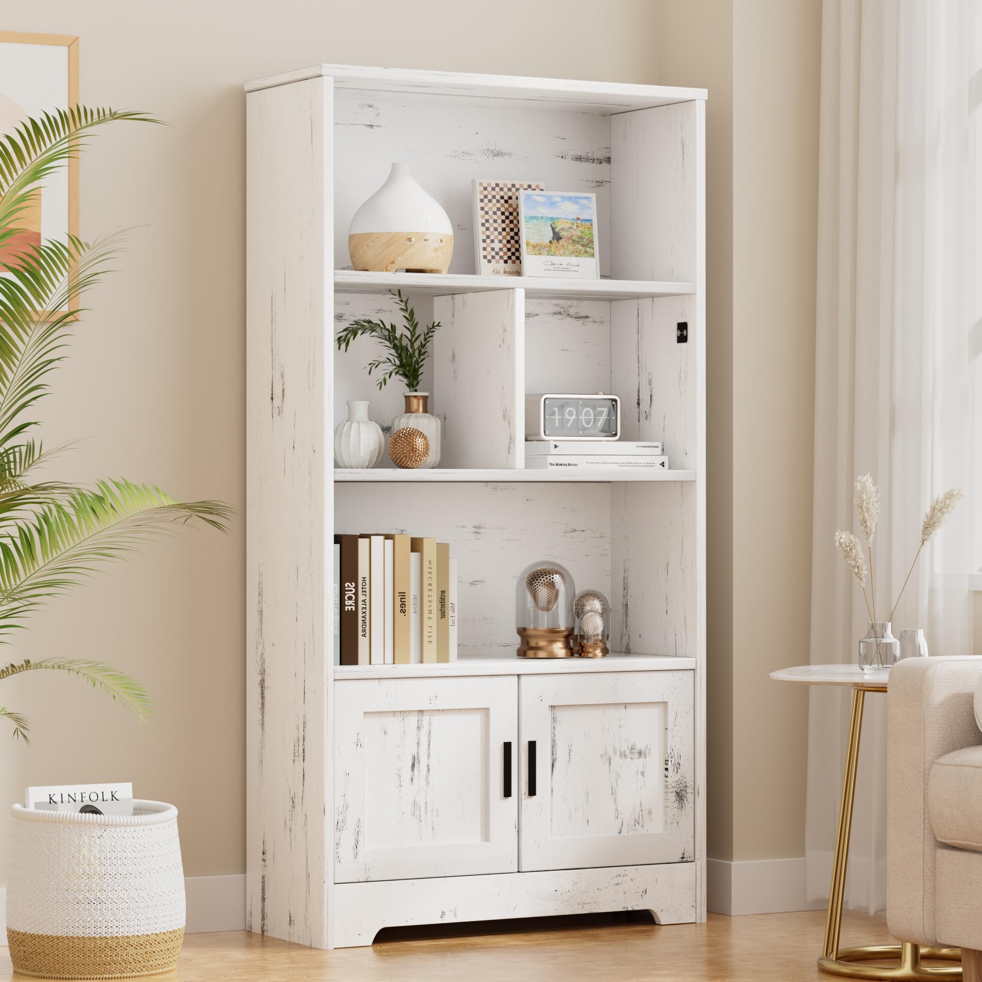 IDEALHOUSE White Bookshelf with LED Lights Farmhouse Bookcase with Doors Modern Storage Rack 3 Shelf Standing Bookshelves Wooden Display Shelf Unique Book Shelf for Bedroom, Living Room, Home Office