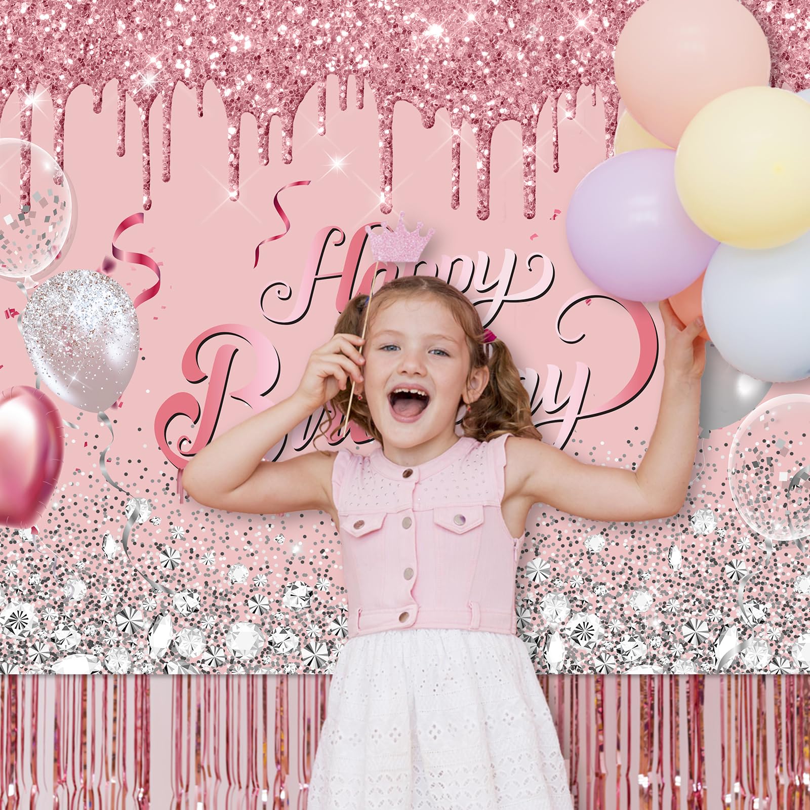 Avezano Rose Gold Birthday Backdrop Rose Pink and Sliver Glitter Balloons Banner Rose Gold Birthday Decorations for 16th 18th 21st 30th Women Girls Birthday Photoshoot Background 70.8 x 43.3 Inch