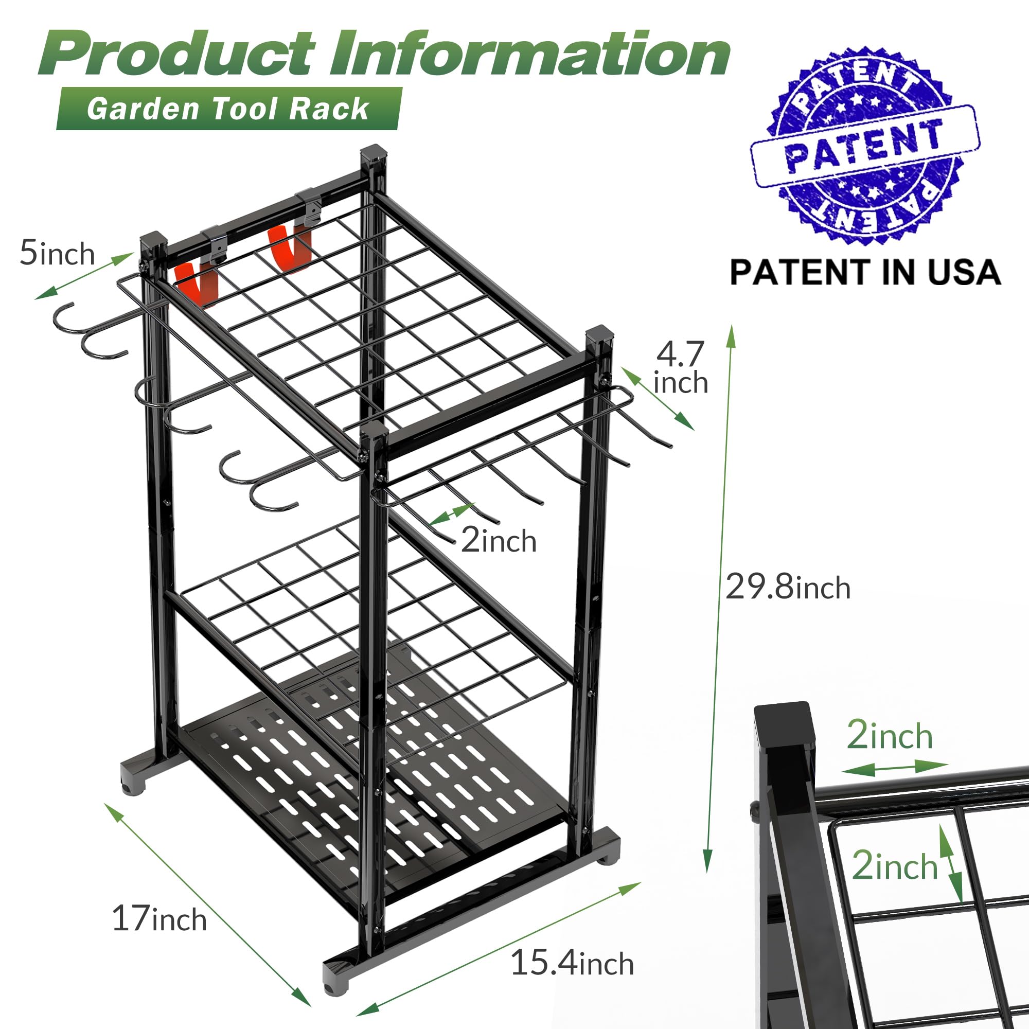 Sttoraboks Garden Tool Organizer with Storage Hooks, Yard Tool Tower Rack for Garage Organization and Storage, Up to 50 Tools, Heavy Duty Steel Garden Tool Stand for Garage, Outdoor, Home, Black