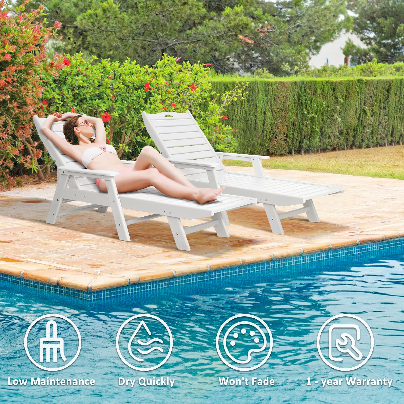 nalone Chaise Lounge Set of 2 Outdoor with 5-Position Adjustable Backrest, HDPE Lounge Chair for Outside Supports Up to 400 LBS, Pool Lounge Chairs for Patio Poolside Deck Beach Backyard(White)