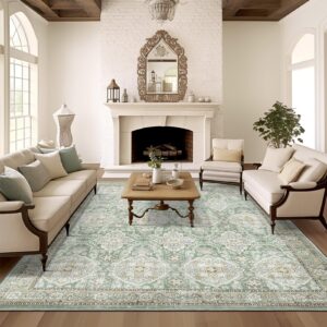 soalmost 8x10 area rugs, washable rugs, large stain resistant area rug for living room bedroom dining room, vintage farmhouse rug green