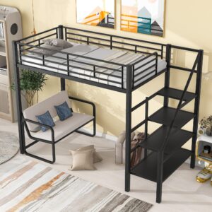 twin size loft bed with storage staircase and bench, metal twin loft bed frame for kids teens, twin high loft bed, metal loft bed with full length guardrail and slat (twin, black)