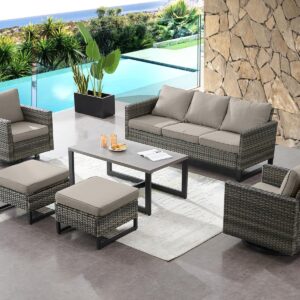 HUMMUH 6 Piece Patio Furniture Set Outdoor Sectional Sofa,High Back Patio Swivel Rocker Chairs with Ottomans Coffee Table for Porch,Garden,Backyard