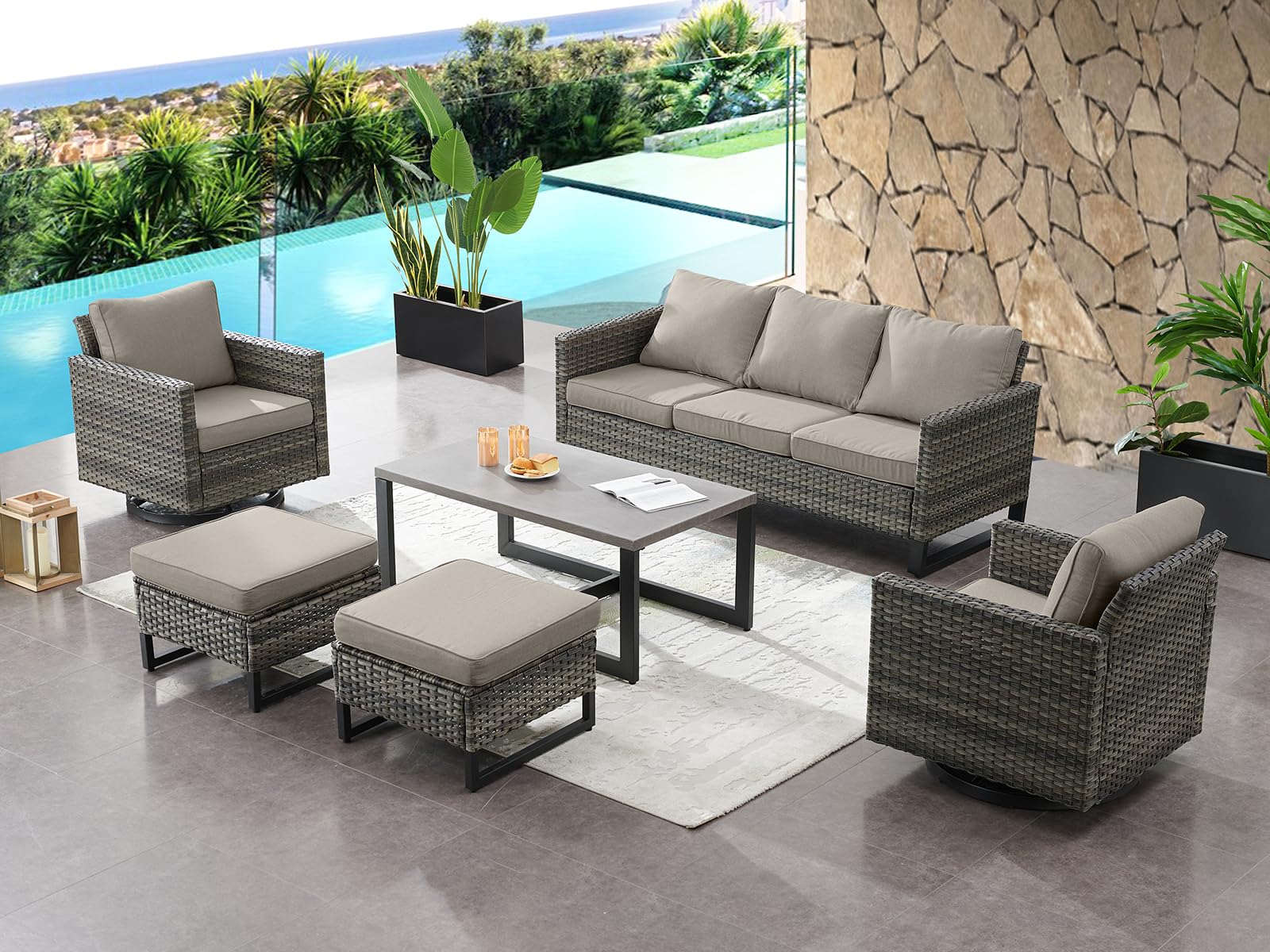 HUMMUH 6 Piece Patio Furniture Set Outdoor Sectional Sofa,High Back Patio Swivel Rocker Chairs with Ottomans Coffee Table for Porch,Garden,Backyard