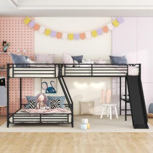 Triple Bunk Beds with Slide, L-Shape Twin Over Ful Bunk Bed Attached a Loft Bed with Desk, Metal Corner Bunk Bed Frame for Three Kids Boys Girls Teens, Black