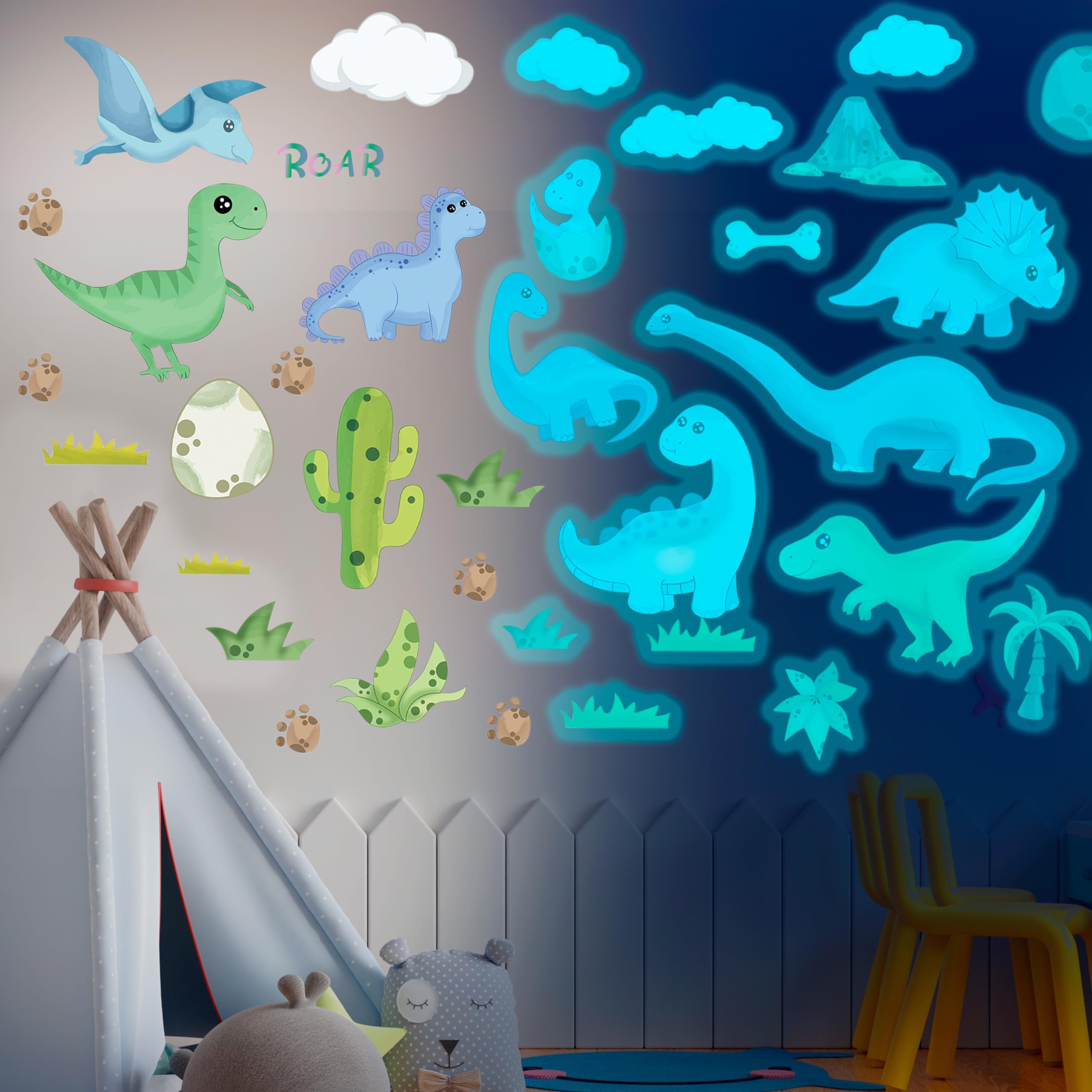 Dinosaur Room Decor,Glow in The Dark Dinosaur Wall Decals for Boys Bedroom, Kids Wall Stickers,Birthday Christmas Gift for Toddler. Dino Wall Decals for Nursery Room,Dinosaur Toys