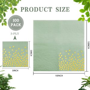 100 Pcs Sage Green Napkins Disposable - Sage Green Cocktail Napkins - 3-Ply Gold Dot Sage Paper Napkins for Birthday Anniversary Dinner Bridal Wedding Party Supplies