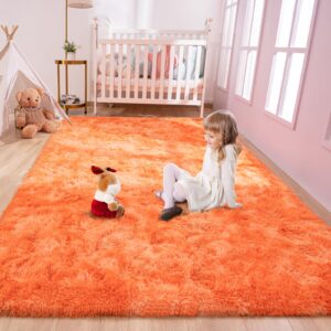 Rtizon Fluffy Rugs for Girls Bedroom, 4x6 Feet Soft Shaggy Orange Area Rug for Kids Playroom Living Room Dorm, Kawaii Tie-Dye Princess Rug for Baby Toddler Nursery, Orange