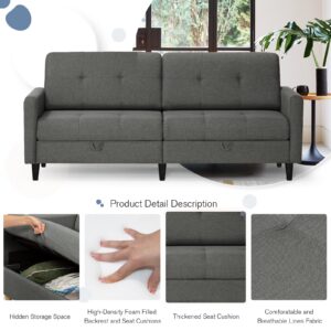 Lesofair 77" Linen Fabric Sofa Bed with Adjustable Backrests, Convertible Loveseat Sofa, Modern Sleeper Couch with Wooden Legs for Living Room, Bedroom, Dark Grey