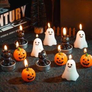 cnhoqc 12pcs halloween pumpkin ghost black cat mini candles, scented ghost black cat shaped decorative candles, cute wax mini candles tabletop decoration for autumn halloween party favor supplies