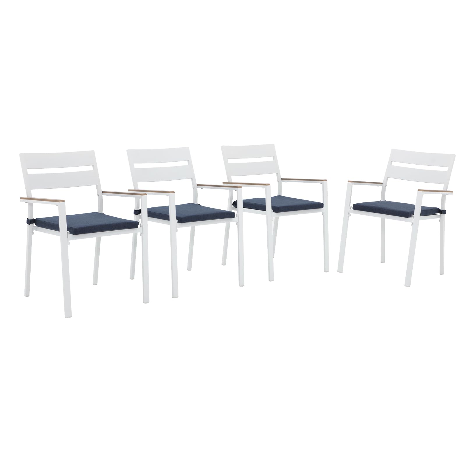 OC Orange-Casual Stackable Patio Chairs Set of 4, Outdoor Indoor Aluminum Dining Chairs w/Armrest & Cushion for Porch Backyard Garden, All-Weather Resistant, White Finish & Dark Blue Cushion