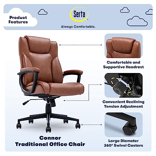 Serta Hannah 2.0 Executive High Back Office Chair with Lumbar Support Ergonomic Upholstered Swivel Gaming Friendly Design, Bonded Leather Cognac