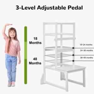 FINIKIS Toddler Step Stool Toddler Kitchen Stool, Adjustable-Height Toddler Tower Stool Kitchen Wooden Helper Step Stools for Kids, White