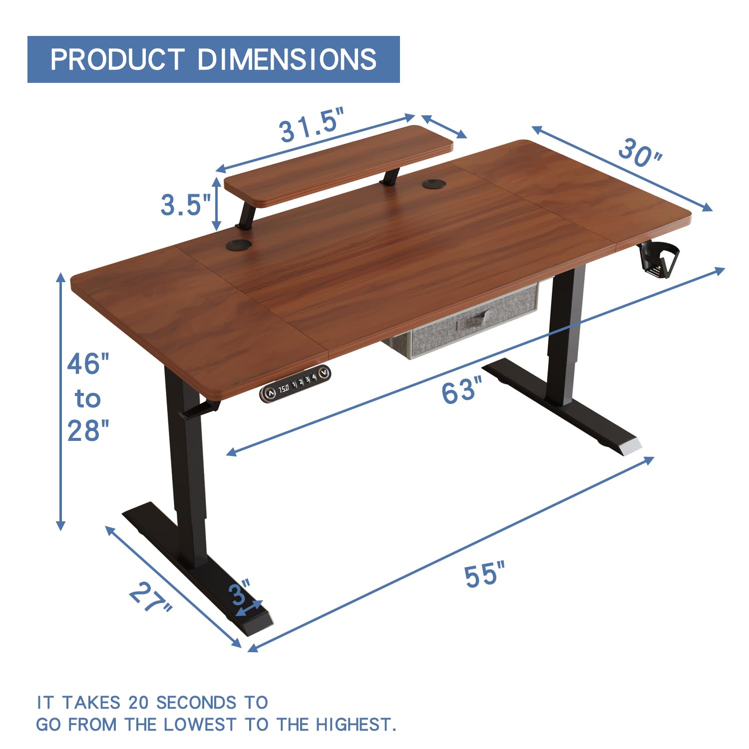 Jceet 63x30 Inches Electric Standing Desk with Drawer, Adjustable Height Sit Stand Up Desk with Storage Shelf, Home Office Desk Computer Workstation with Dark Walnut Top/Black Frame