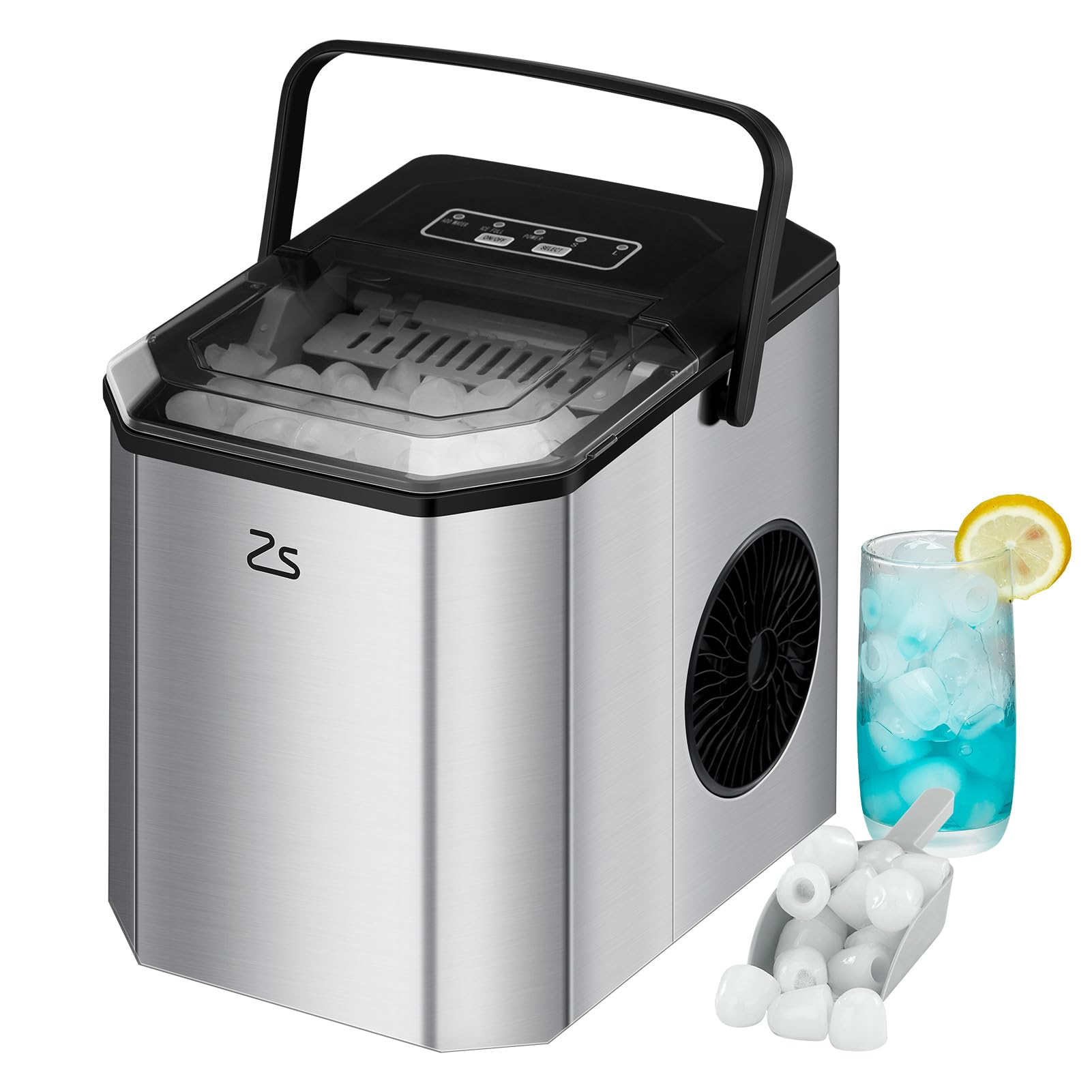 Zstar Ice Maker Countertop with Bullet Ice, 10,000pcs/26Lbs/Day, Portable Ice Machine w/Ice Scoop, 45lb Quiet Design and Self-Cleaning Function for Kitchen Office Bar Home Restaurants Stainless Steel