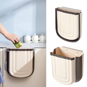 aimkeoulee hanging kitchen trash can for kitchen counter,9l collapsible plastic waste bin for cabinet door, wall mounted 2.4 gallon foldable small wastebasket for kitchen, bathroom, bedroom(khaki)