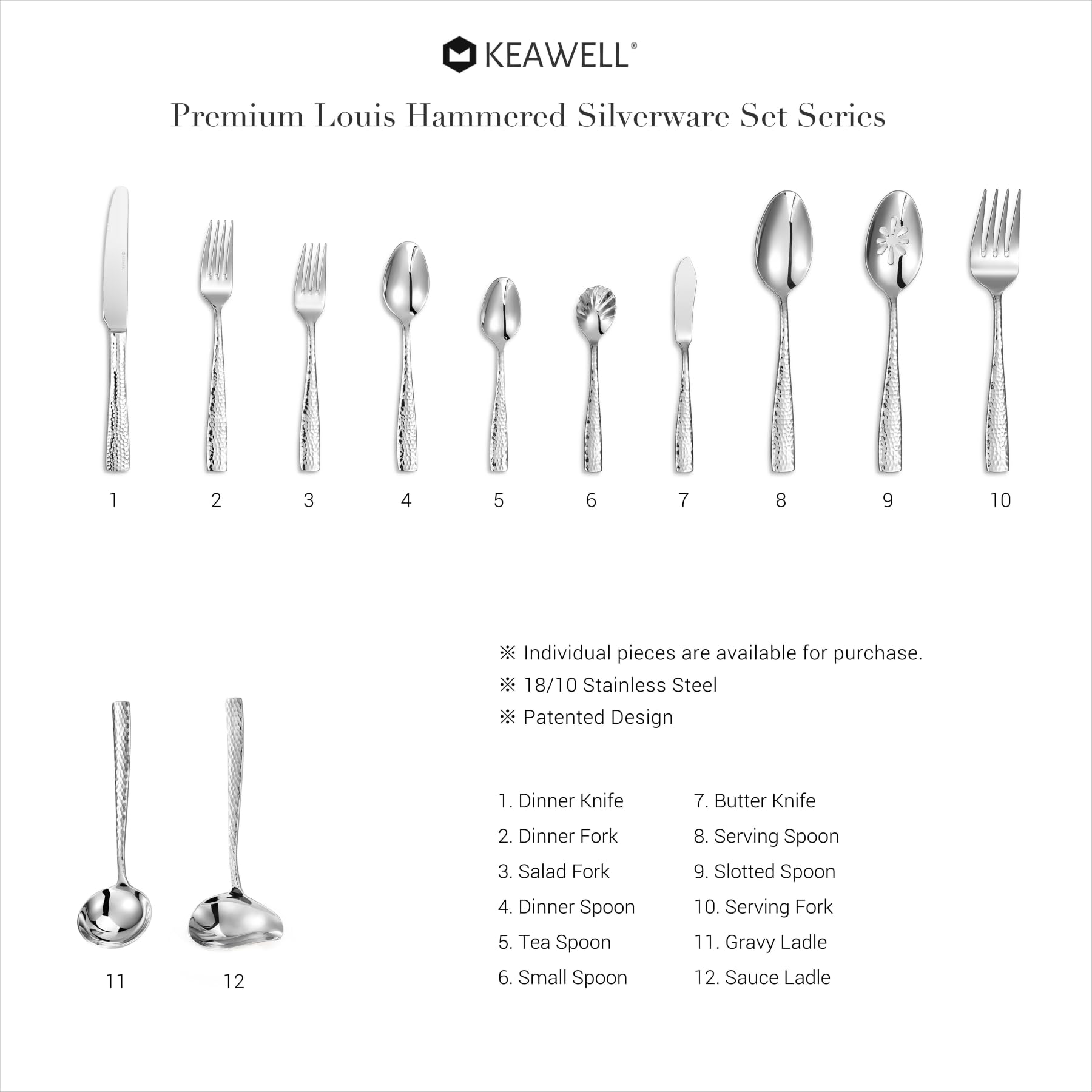 KEAWELL Premium 4-Piece Louis Hammered Spoons Set, 18/10 Stainless Steel, Set of 4, Fine Spoon Set with Squared Edge, Dishwasher Safe (6.4" Teaspoon)